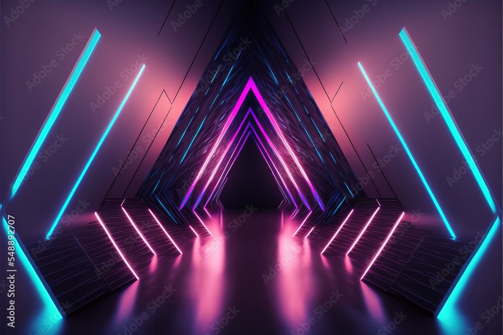 Sci Fi Futuristic Neon Glowing Purple Blue Pink Triangle Shaped Tilted ...