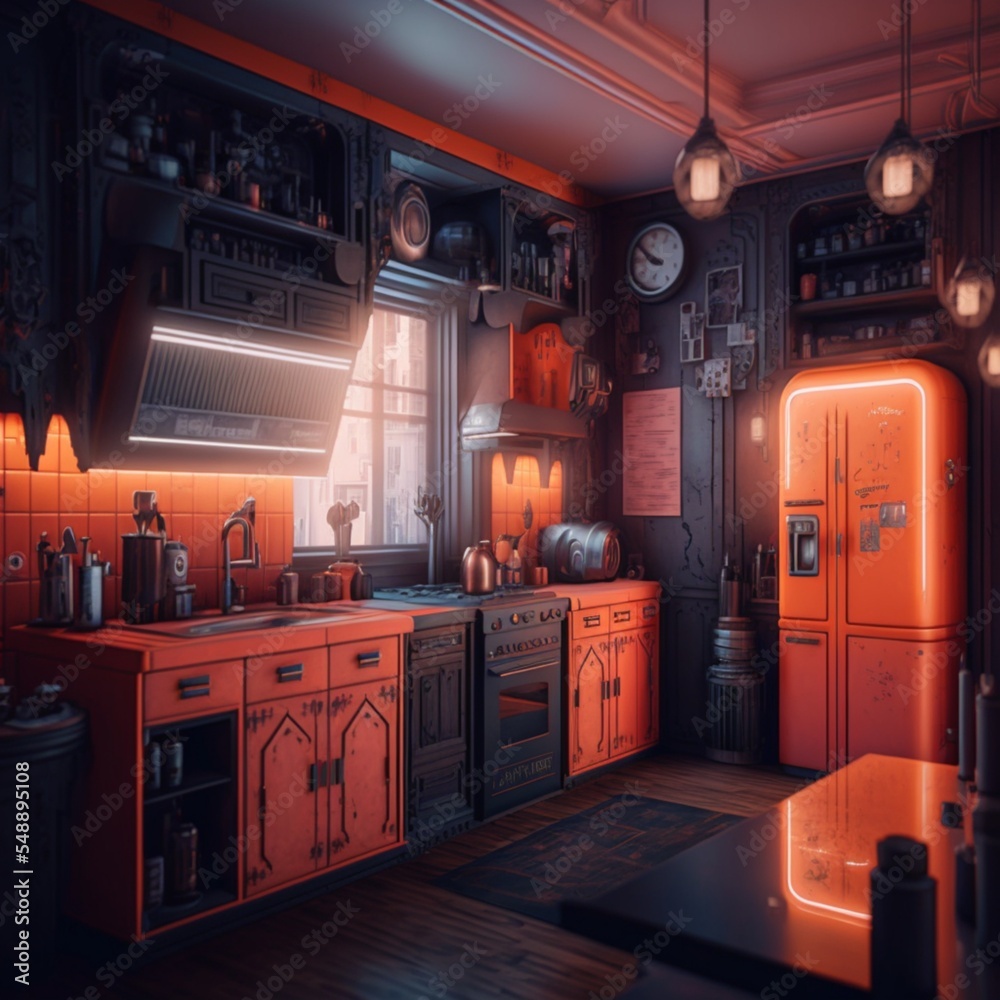 Cyberpunk future kitchen sci-fi interior design illustration Stock ...