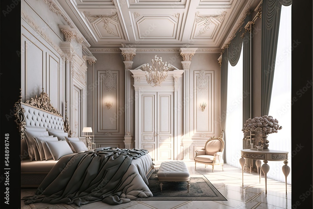 neoclassical bedroom, enpty poster frame ceiling, contemporary design ...