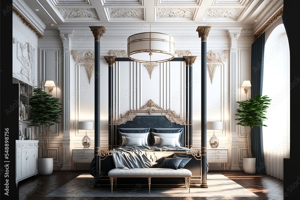neoclassical bedroom, enpty poster frame ceiling, contemporary design ...