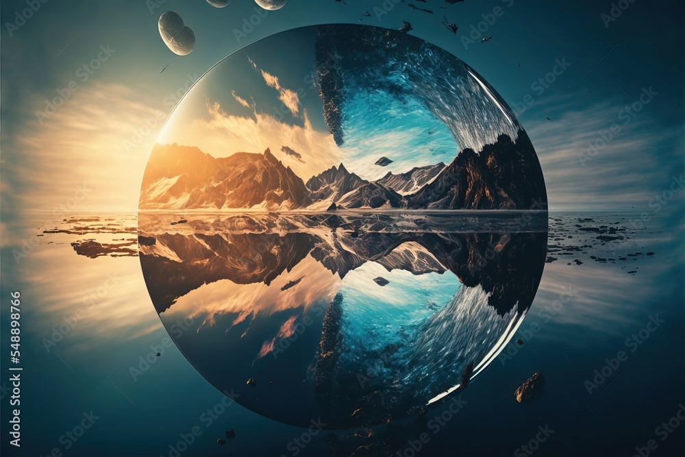 reflection on solar systems in the sea, cool futuristic planet, sky ...