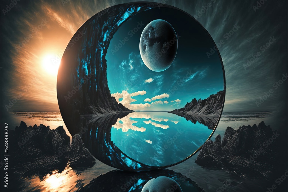 reflection on solar systems in the sea, cool futuristic planet, sky ...