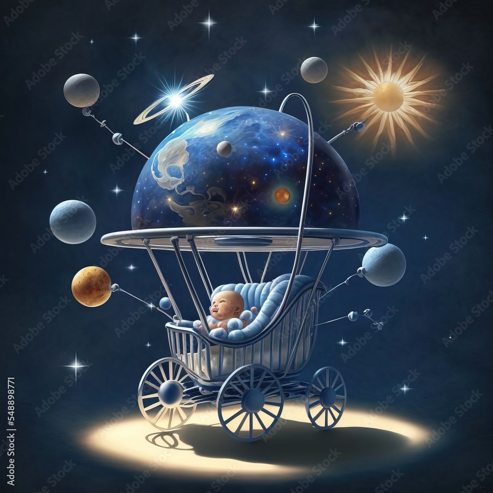playing baby in a crip with a crib mobile of the solar system ...