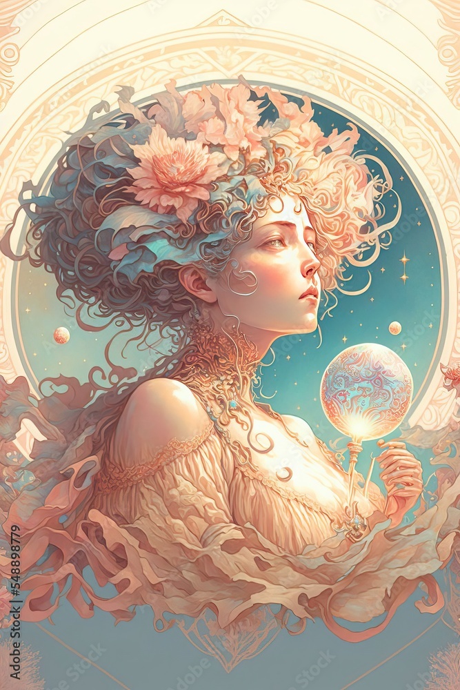 technicolor ornate solar system, in the style of a mystic tarot card ...