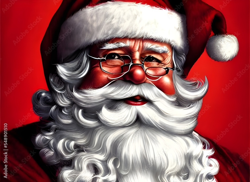 In this portrait, Santa Claus is depicted as a jolly old man with a big ...