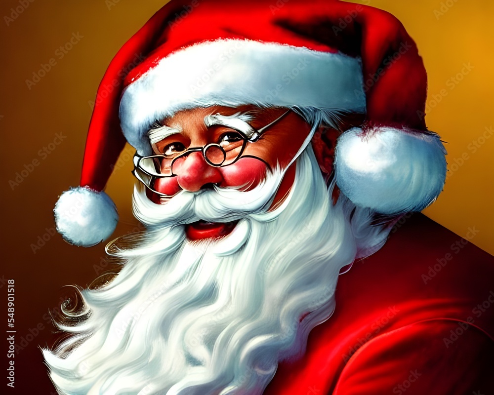 In this portrait, Santa Claus is pictured with a bright smile and rosy ...