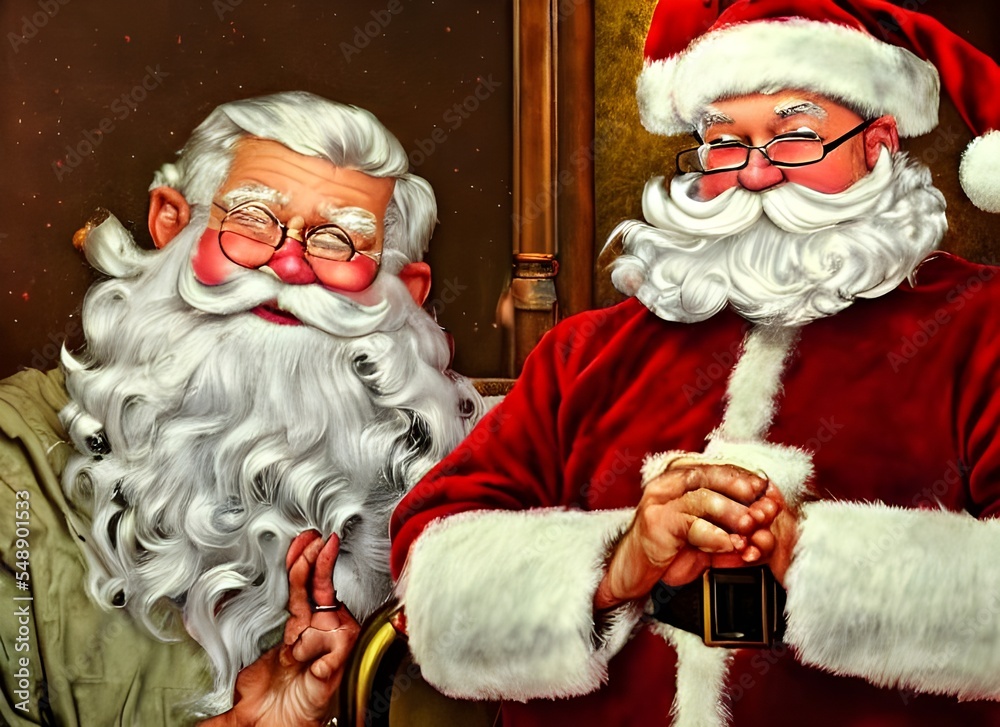 In this portrait, Santa Claus is looking directly at the viewer with a ...