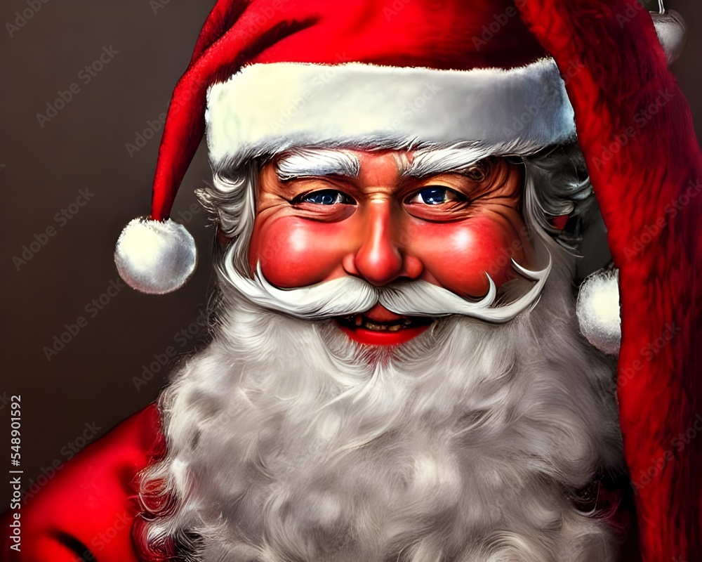 In this picture, Santa Claus is looking directly at the camera with a ...