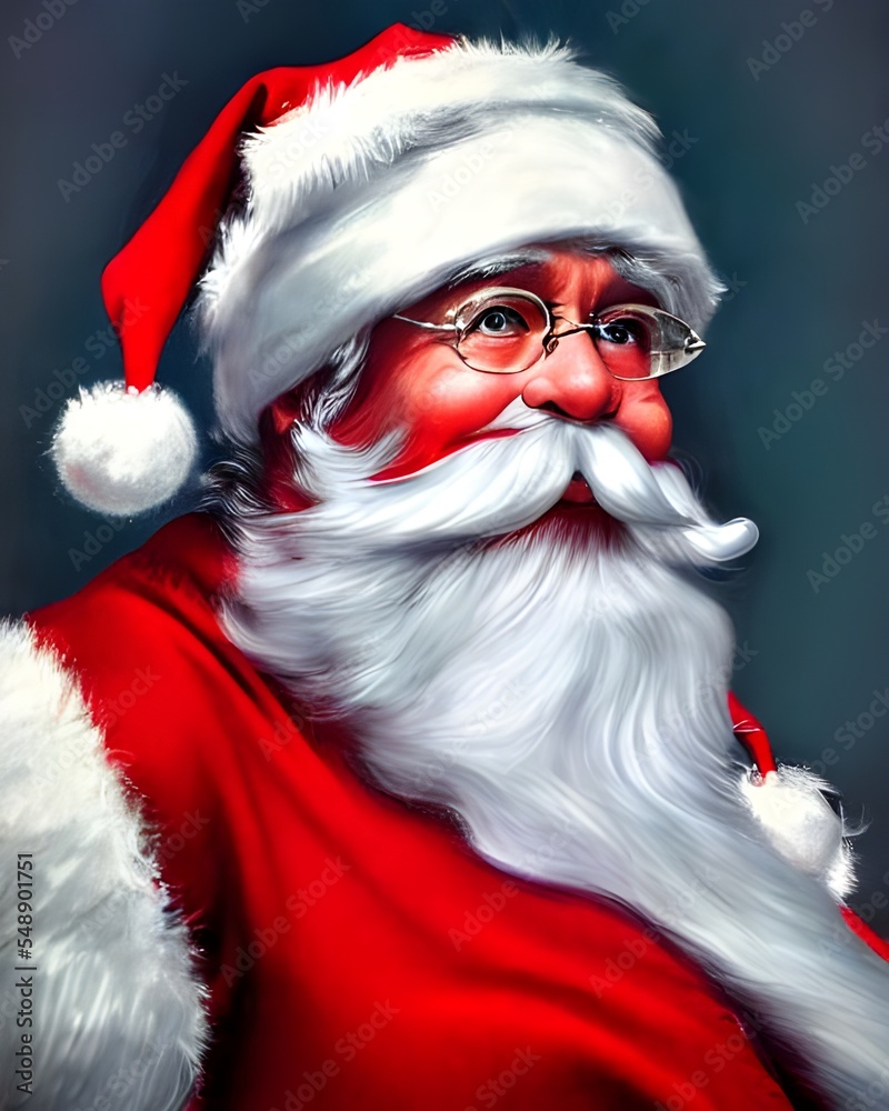In this portrait, Santa Claus is depicted as a jolly old man with a ...