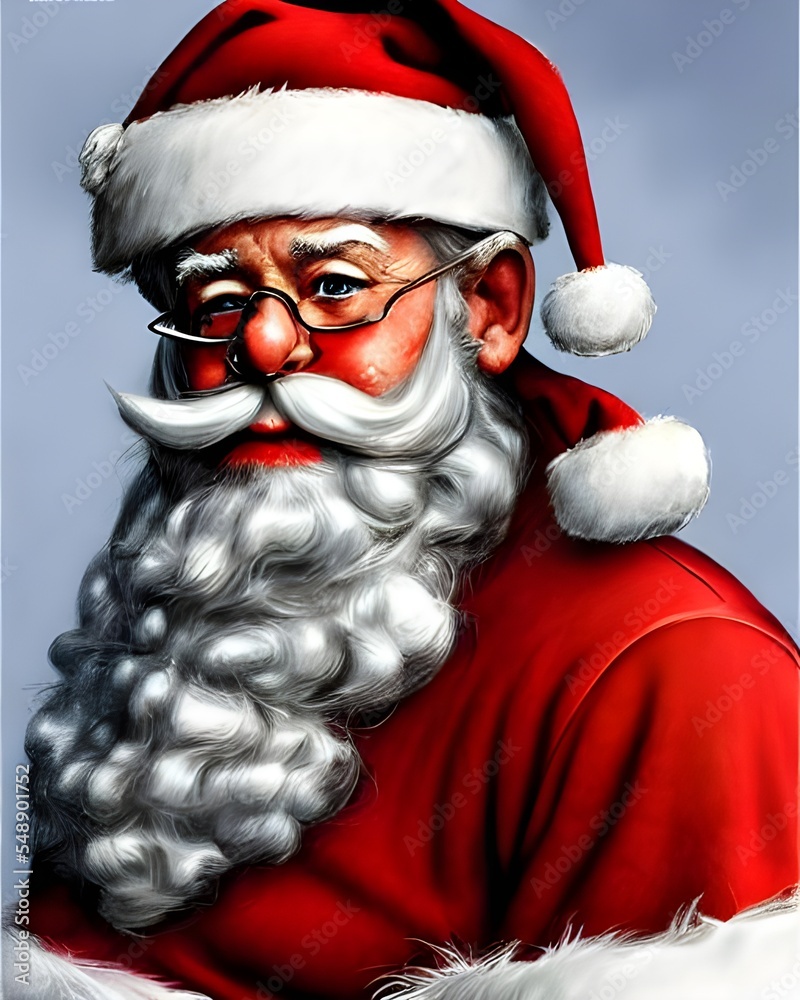 In this portrait, Santa Claus is depicted as a jolly old man with a big ...