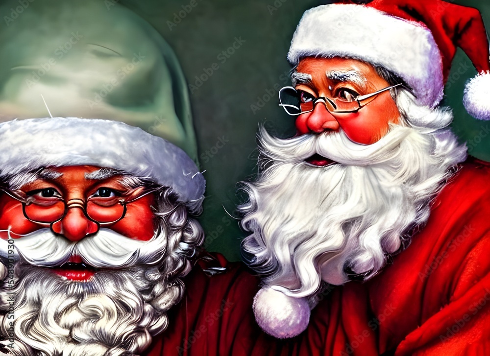 In this portrait, Santa Claus is looking straight at the camera with a ...