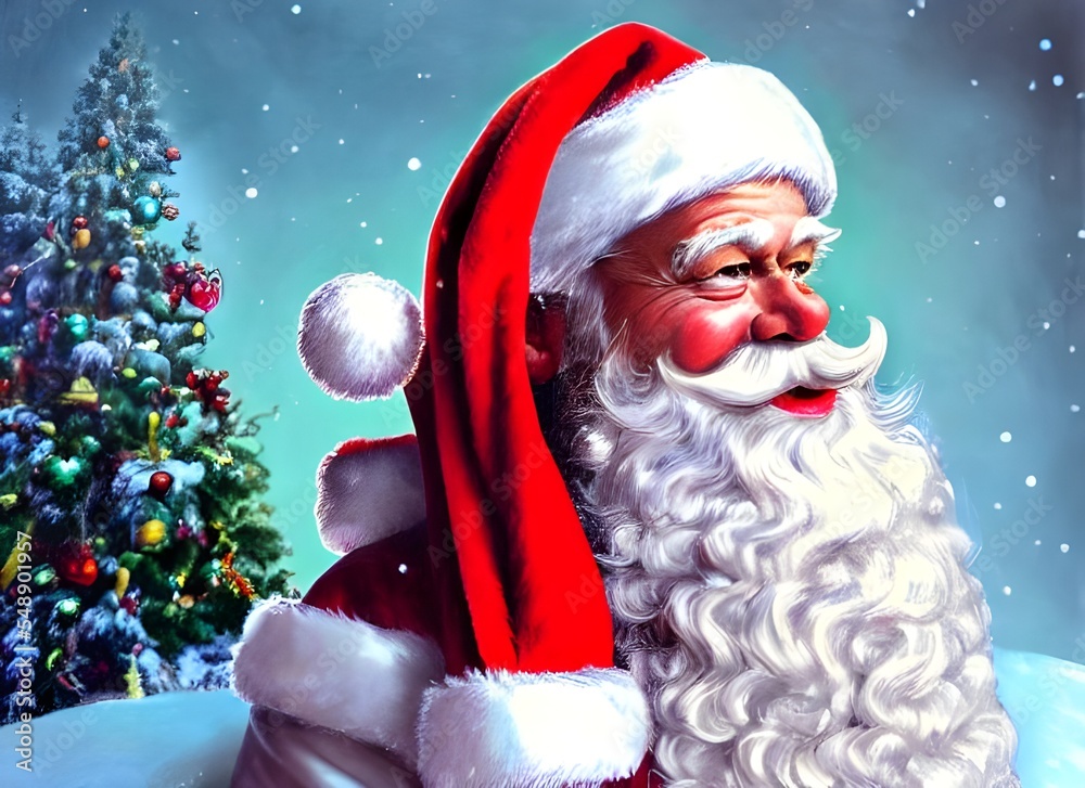 In this portrait, Santa Claus is looking directly at the viewer with a ...