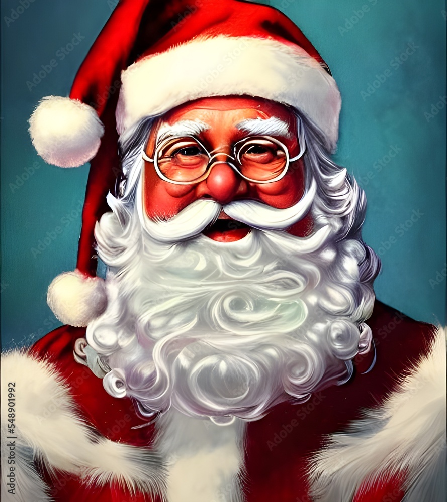 An old, jolly man with a long white beard and a red suit trimmed with ...