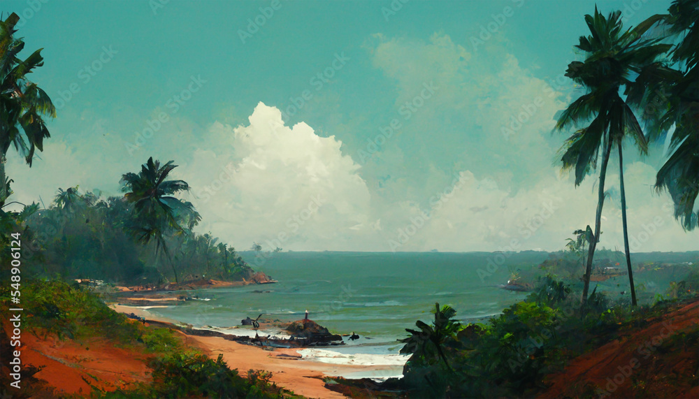 Goa sea view with palm trees Stock Illustration | Adobe Stock