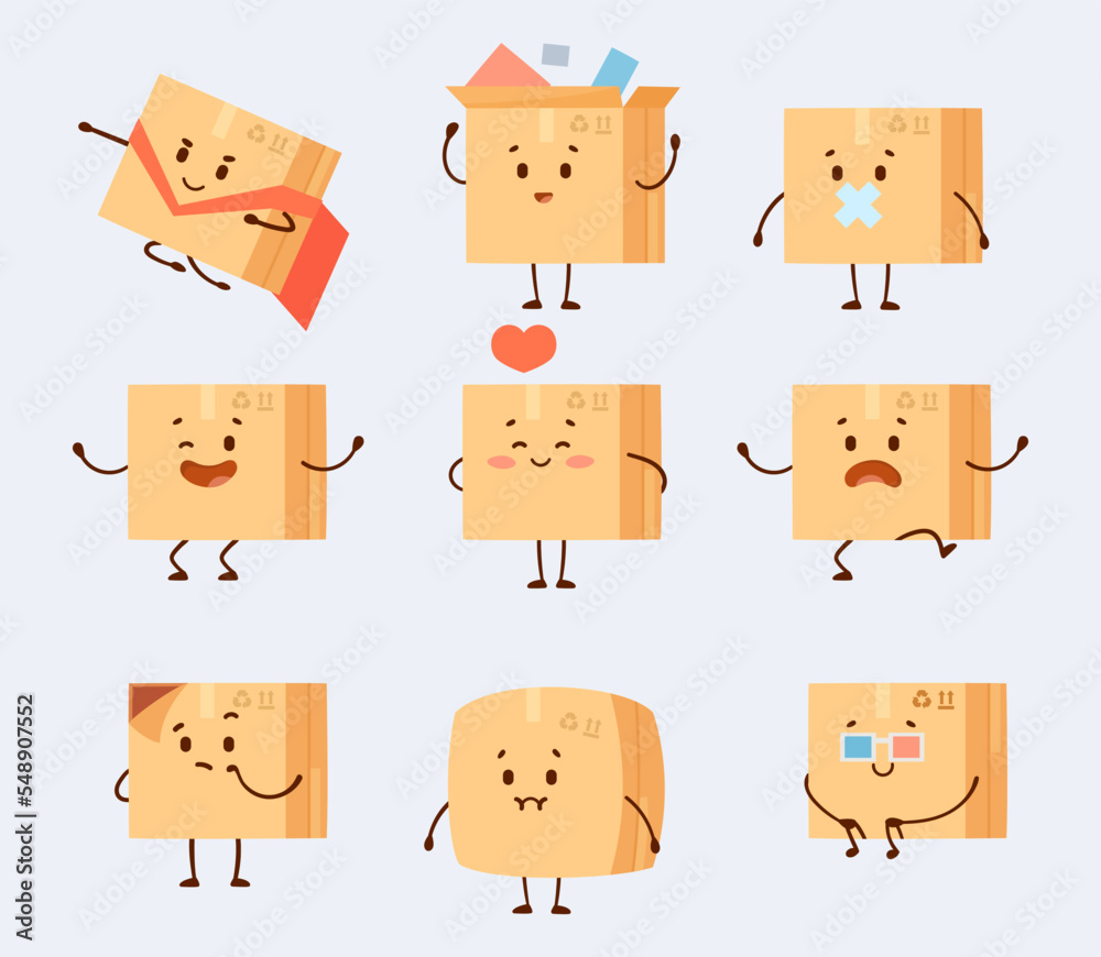 Cute delivery box characters vector illustration set. Funny nine ...