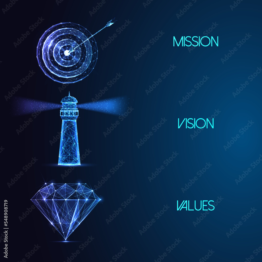 Futuristic Mission Vision Values business concept with glowing target ...