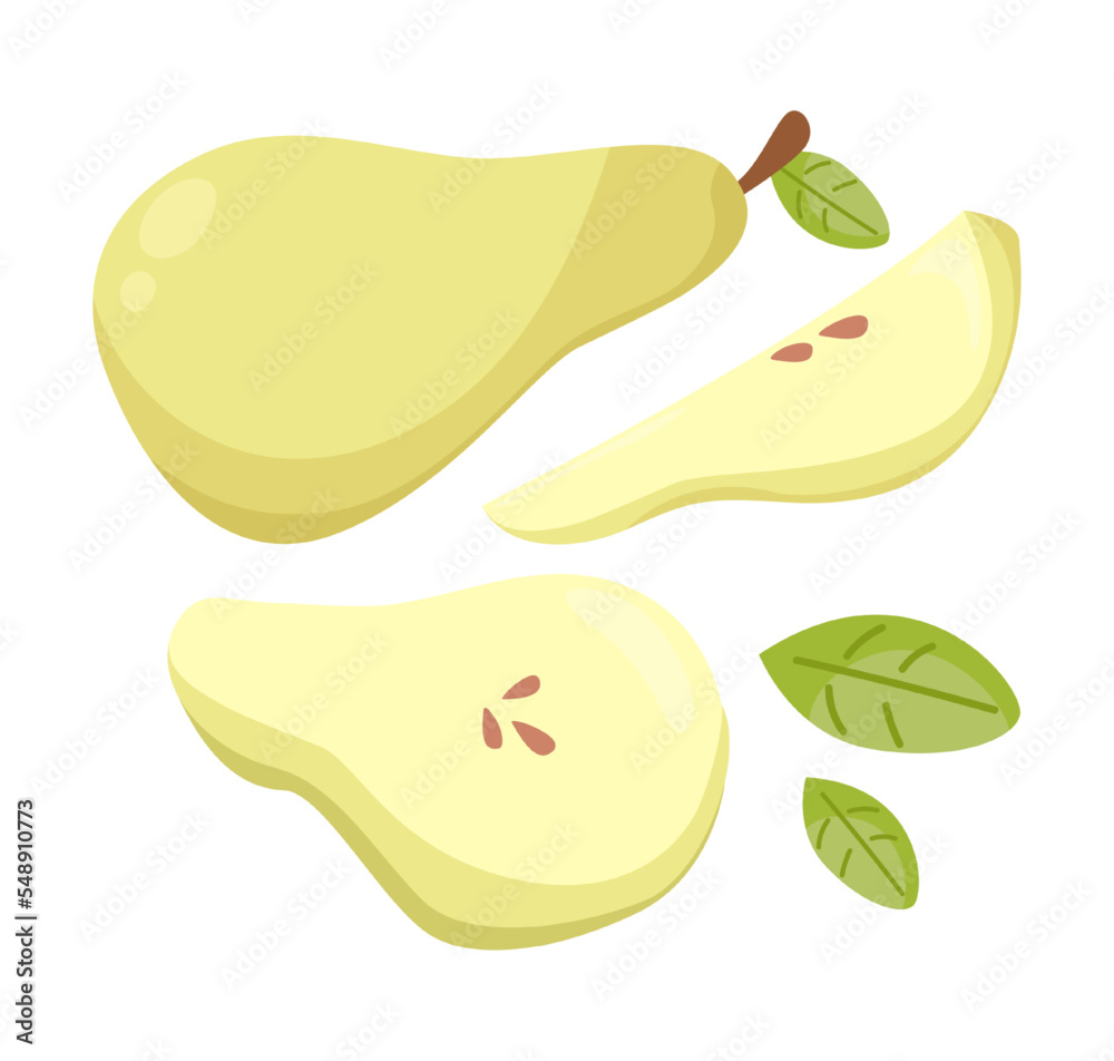 Cut and whole pears vector illustrations set. Collection of cartoon ...