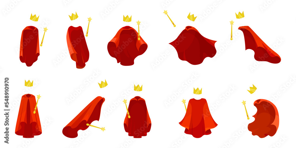 Red kings robe with golden crown and scepter vector illustration set ...