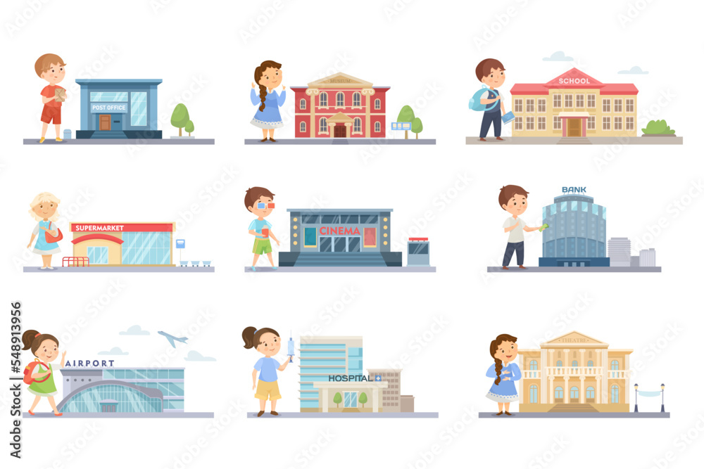 Children near public buildings vector illustration set. Nine children ...