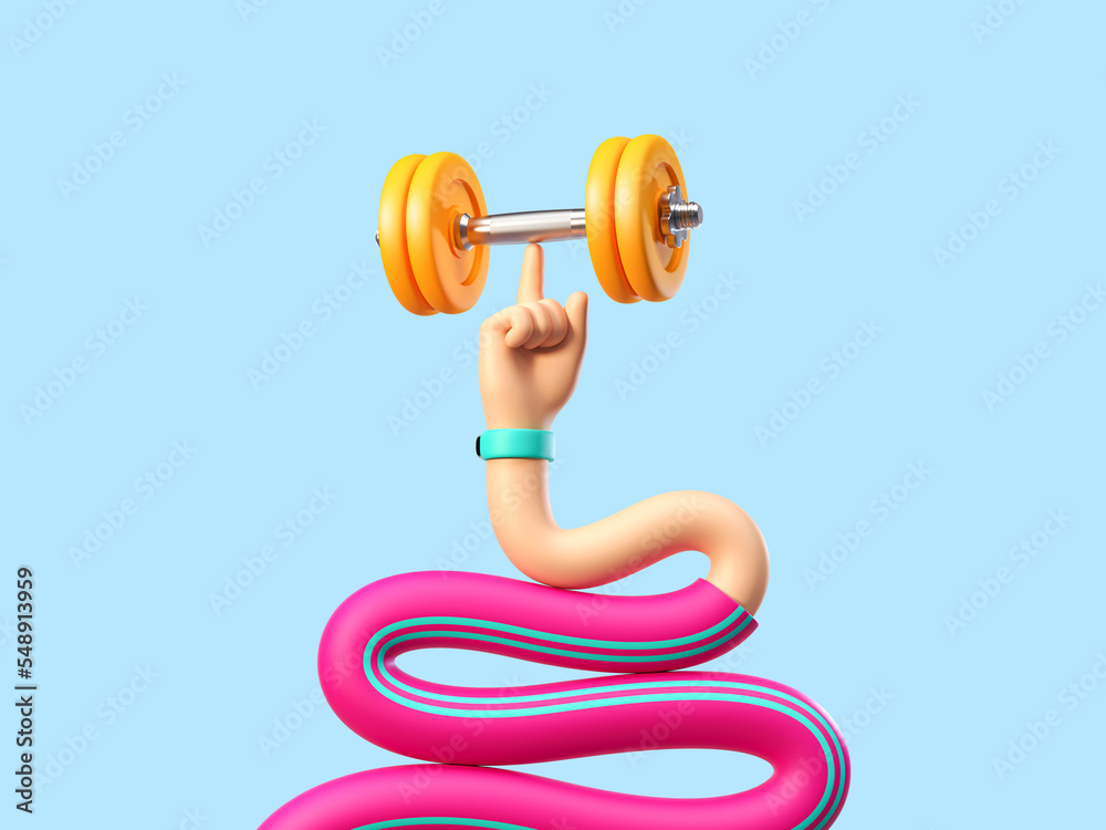 Funny cartoon flexible hand with a dumbbell, clip art isolated on blue ...