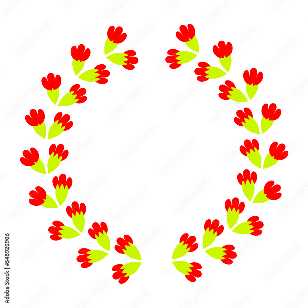 Red floral round frame in circular shape on white background. Laurel ...