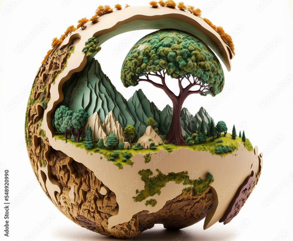Abstract sculpture of planet Earth ecology and vegetation illustration ...