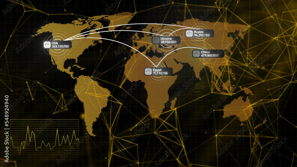 Graphic map of world with changing numbers. Motion. 3D world map with ...
