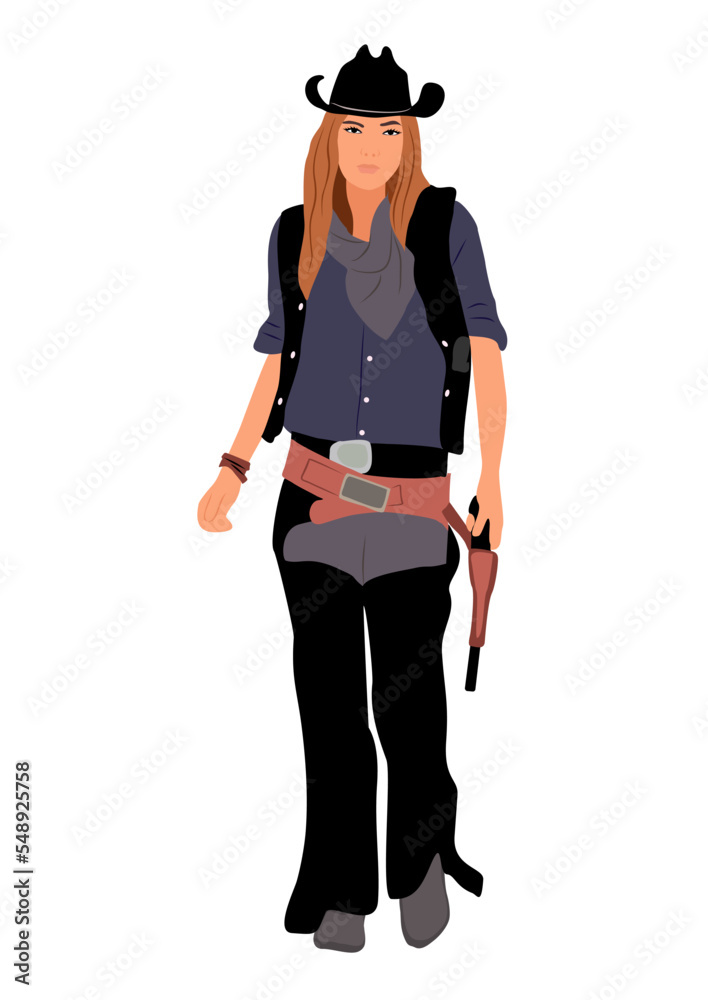 Cowgirl in traditional western clothes with cowboy hat and gun. Wild ...