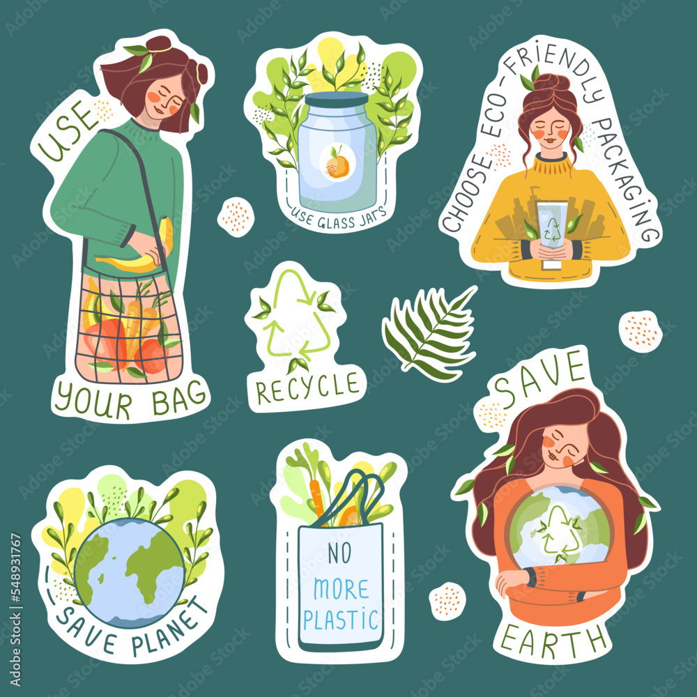 Ecological sticker pack. Environment protection, sustainability concept ...