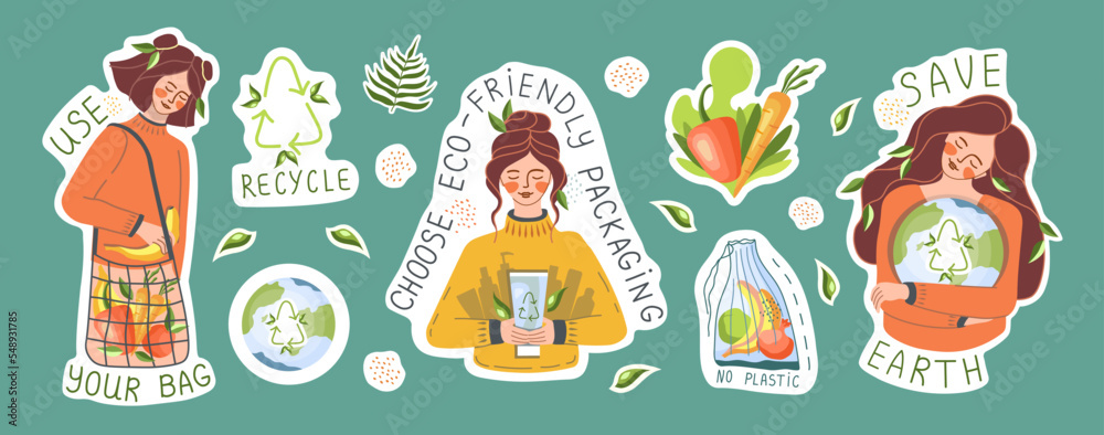 Ecological sticker pack. Environment protection, sustainability concept ...