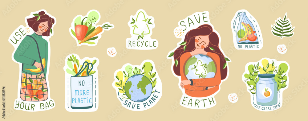 Ecological sticker pack. Environment protection, sustainability concept ...