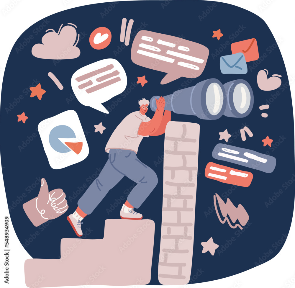 Cartoon vector illustration of man looks through binoculars. Stock ...