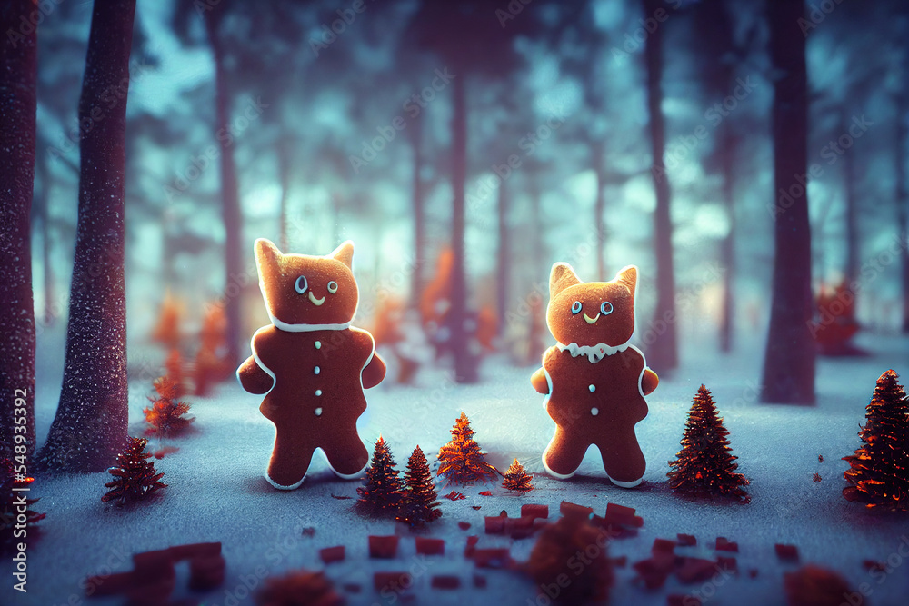 gingerbread man in the forest with snow trees, Cinematic Lighting ...