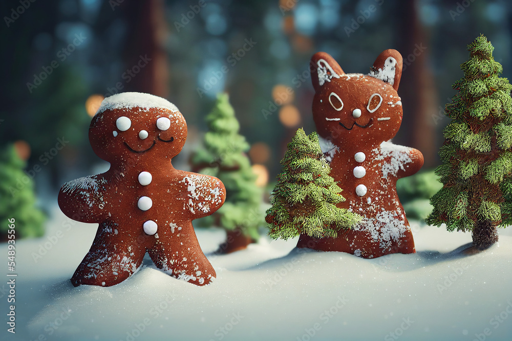 gingerbread man in the forest with snow trees, Cinematic Lighting ...