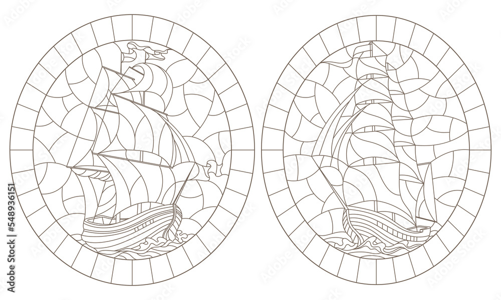 A set of contour illustrations of stained glass Windows with old ...