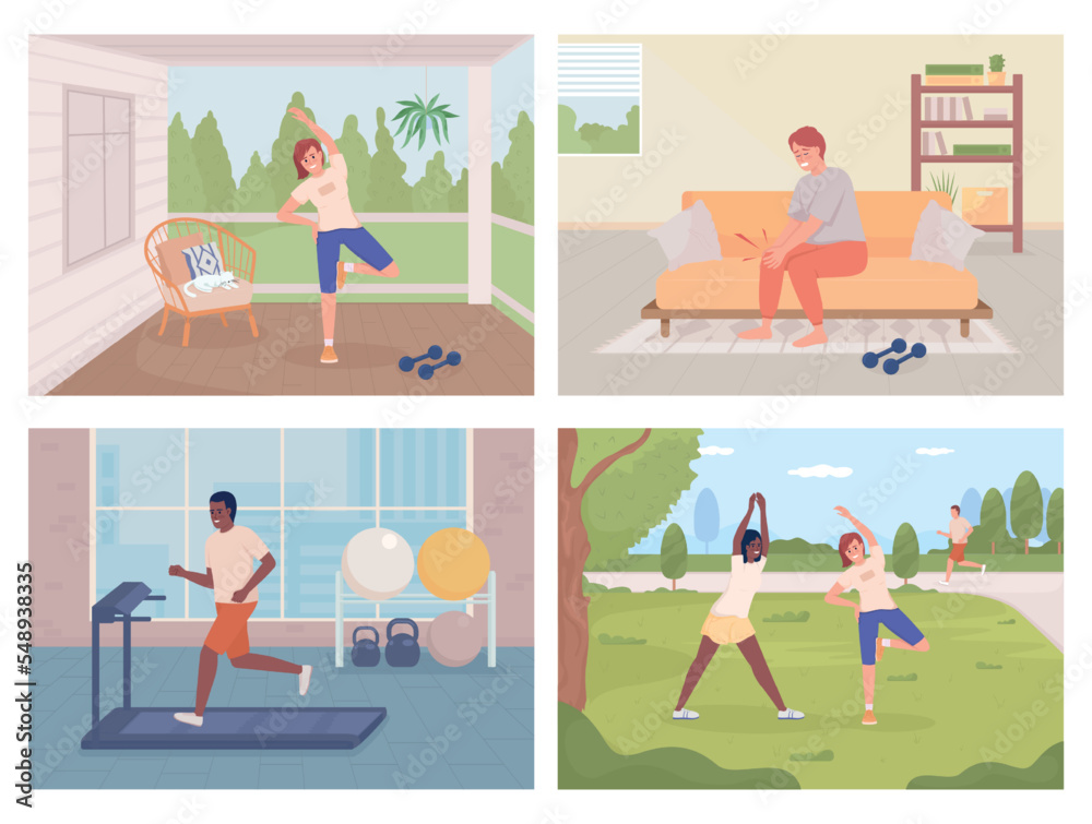 Exercising and injury during training flat color vector illustrations ...