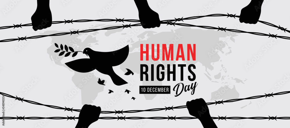 Human Rights Day - Hands are pulling the barbed wire and the peace bird ...