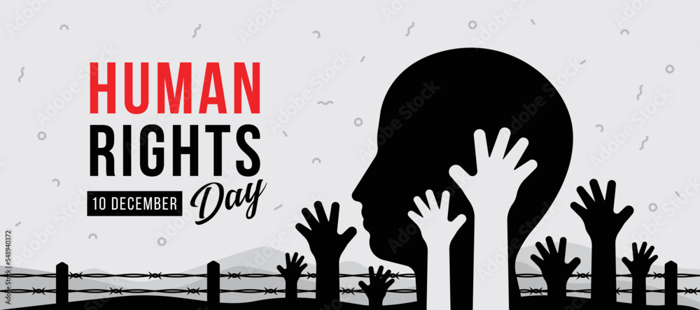 Poster Human Rights Day - Black Silhouette Big head human and raising ...