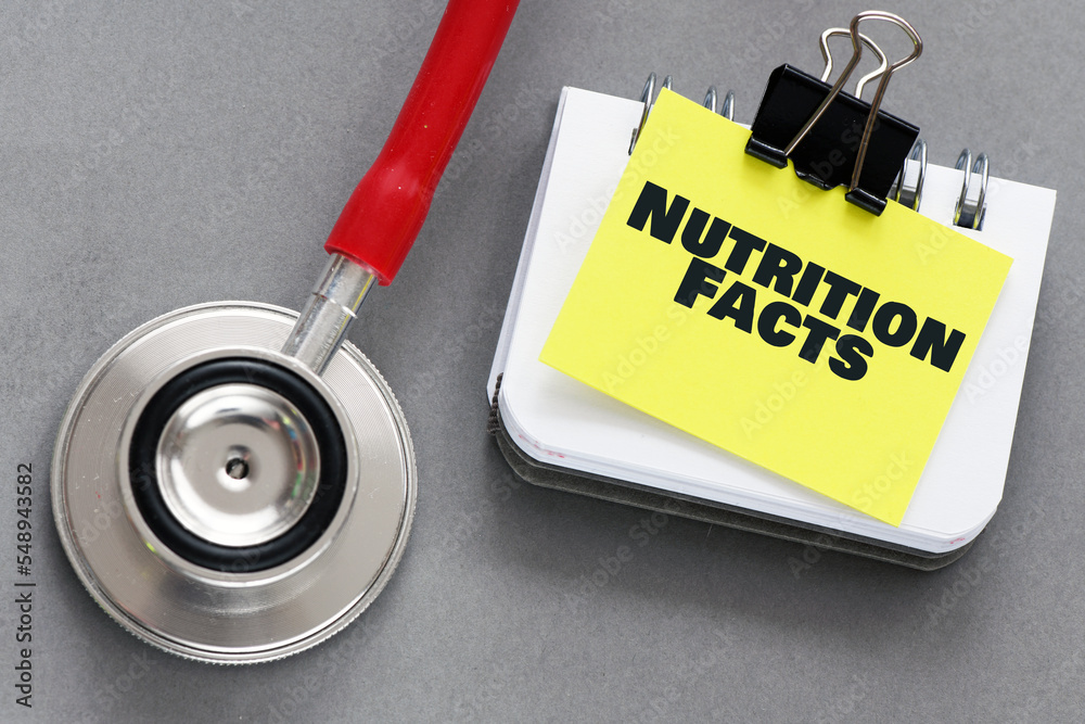 NUTRITION FACTS words on a small yellow piece of paper. Stock Photo ...