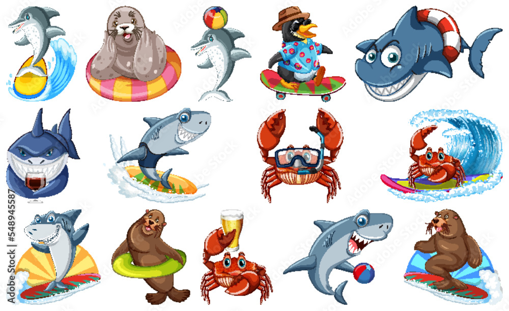 Set of various sea animals cartoon characters Stock Vector | Adobe Stock