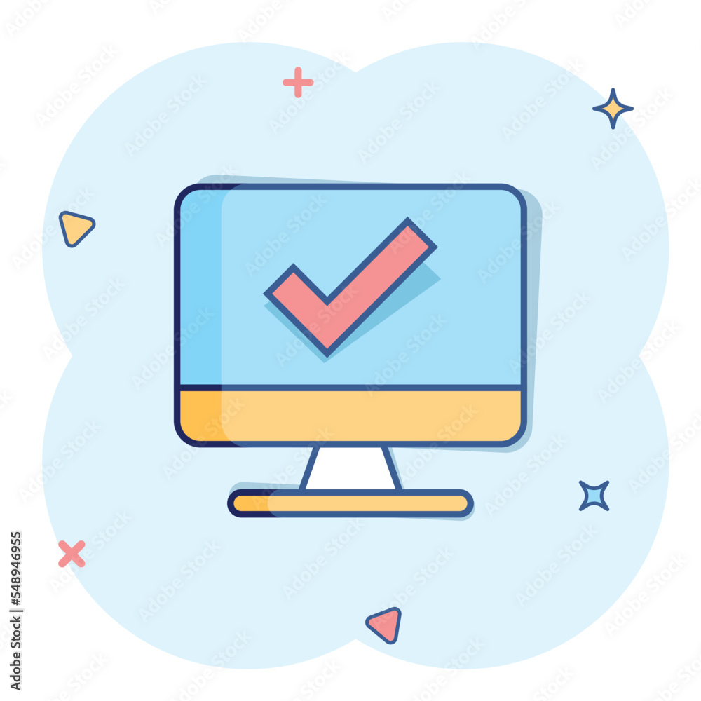 Computer check mark icon in comic style. Survey approval cartoon vector ...