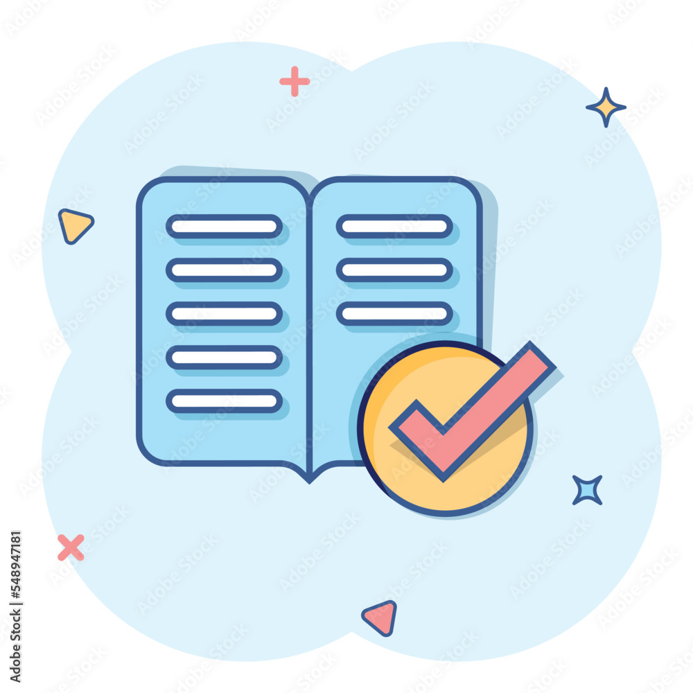 Book check mark icon in comic style. Bookmark approval cartoon vector ...