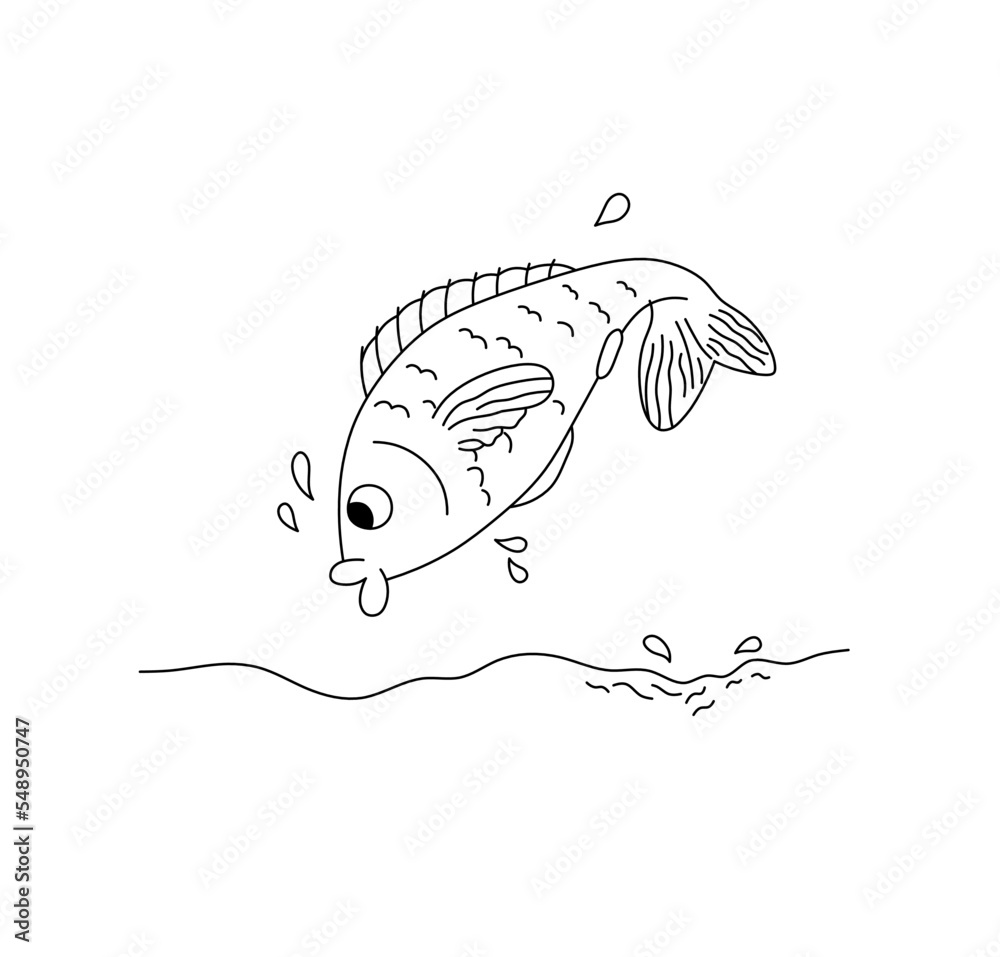 Vector isolated cute cartoon fish jumping out of the water colorless ...