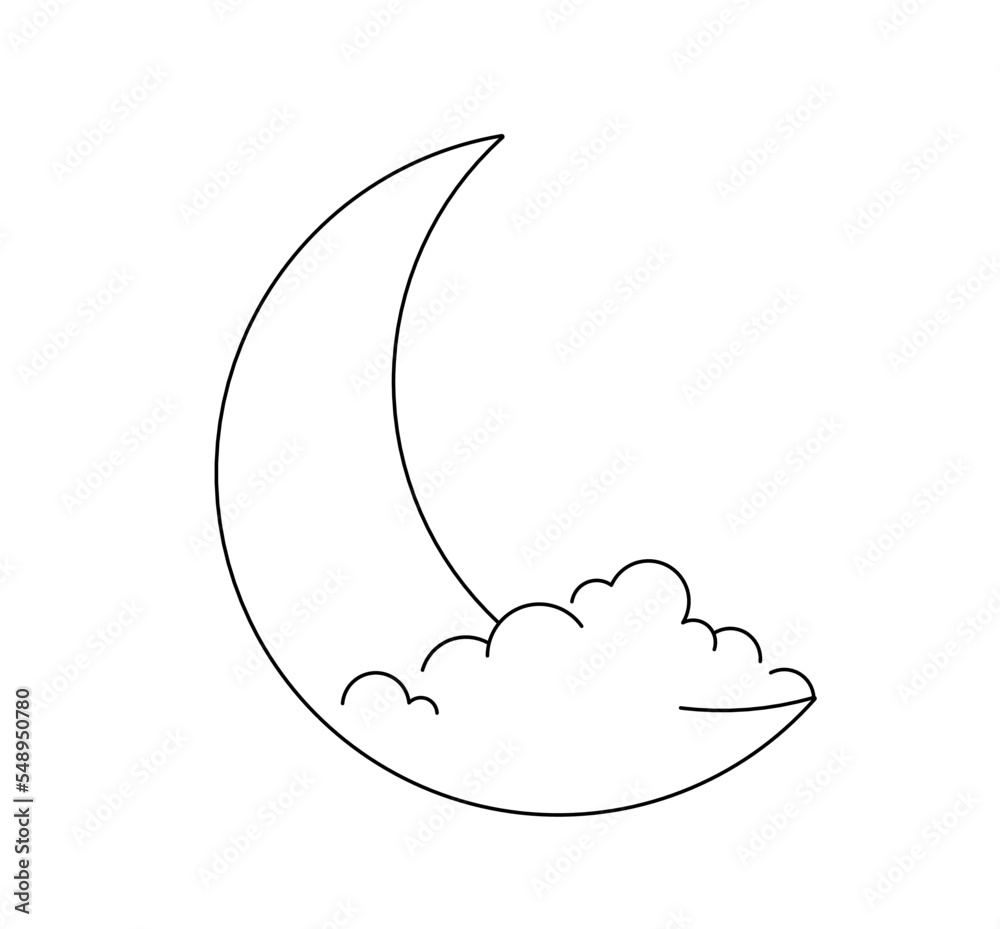 Vector isolated small simple crescent moon with clouds symbol colorless ...