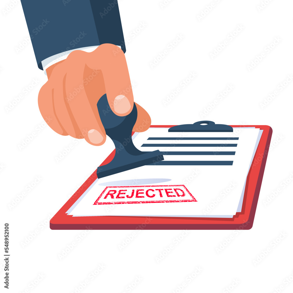 Rejection stamp in hand businessman. Red approved stamp. Document for ...