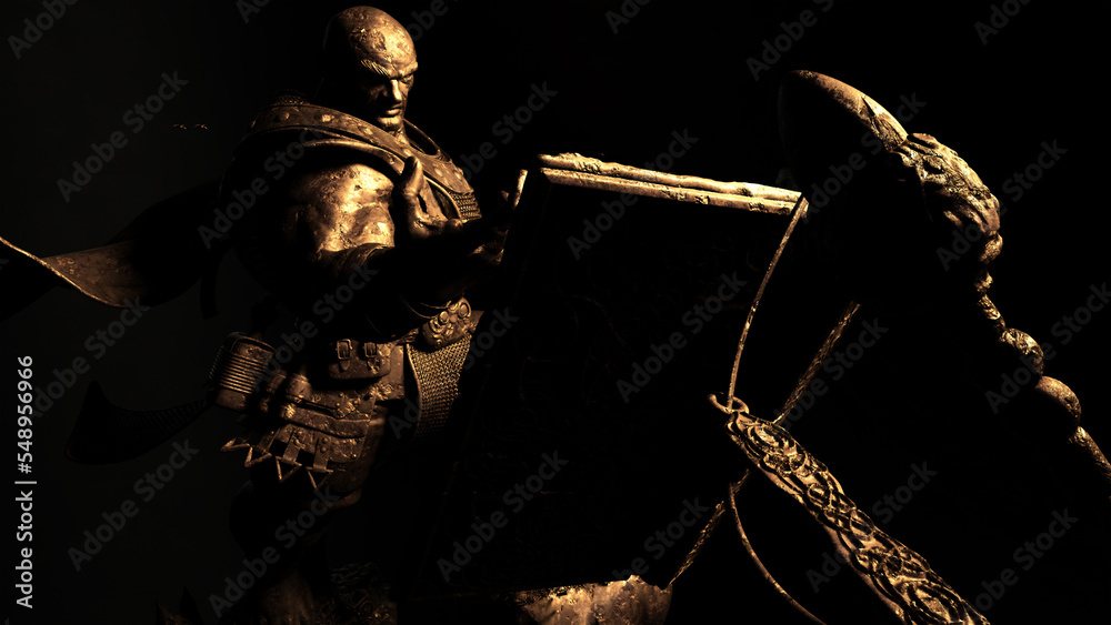 3D composite illustration of a man with armor in a dynamic action pose ...