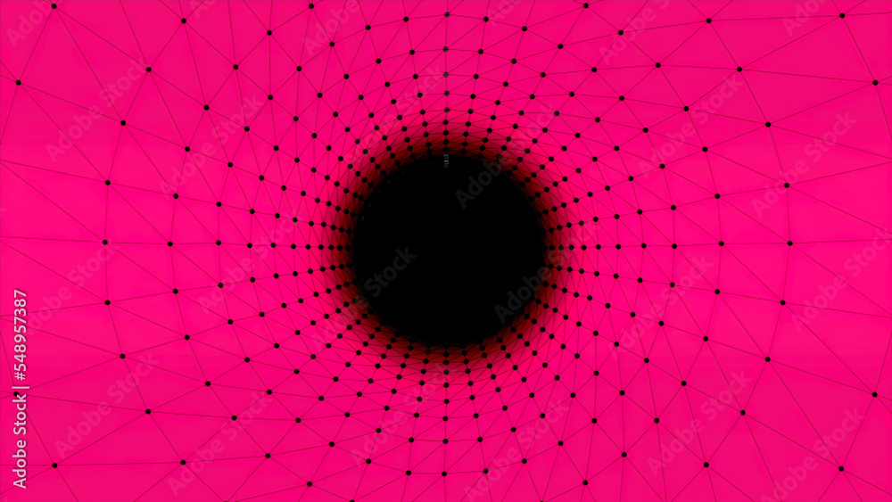 Abstract animated plexus tunnel background. Motion. Connected lines and dots creating round ...