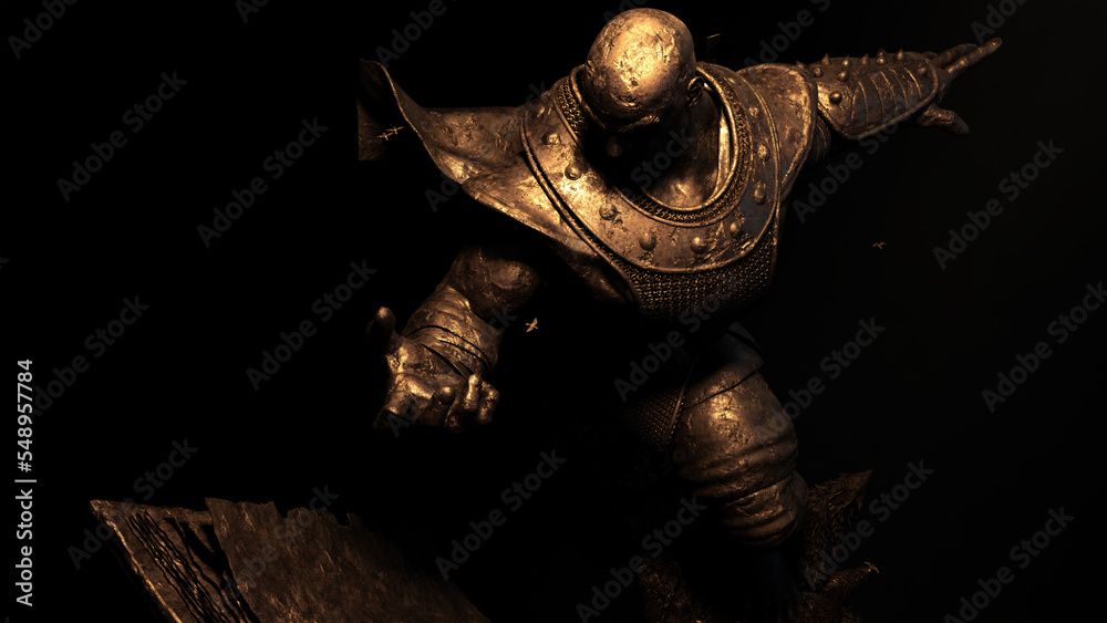 3D composite illustration of a man with armor in a dynamic action pose ...