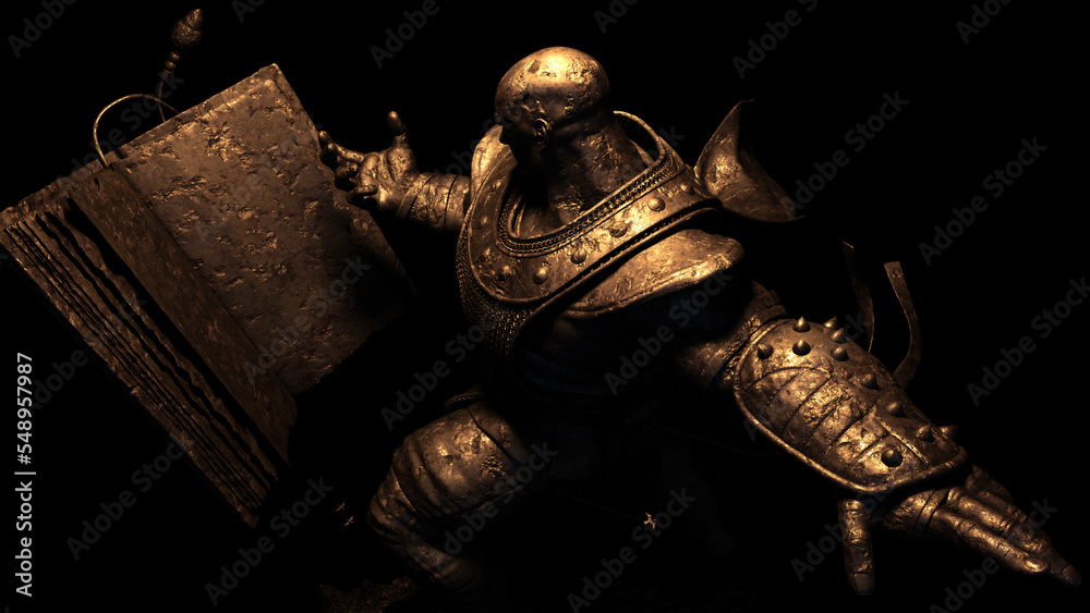 3D composite illustration of a man with armor in a dynamic action pose ...