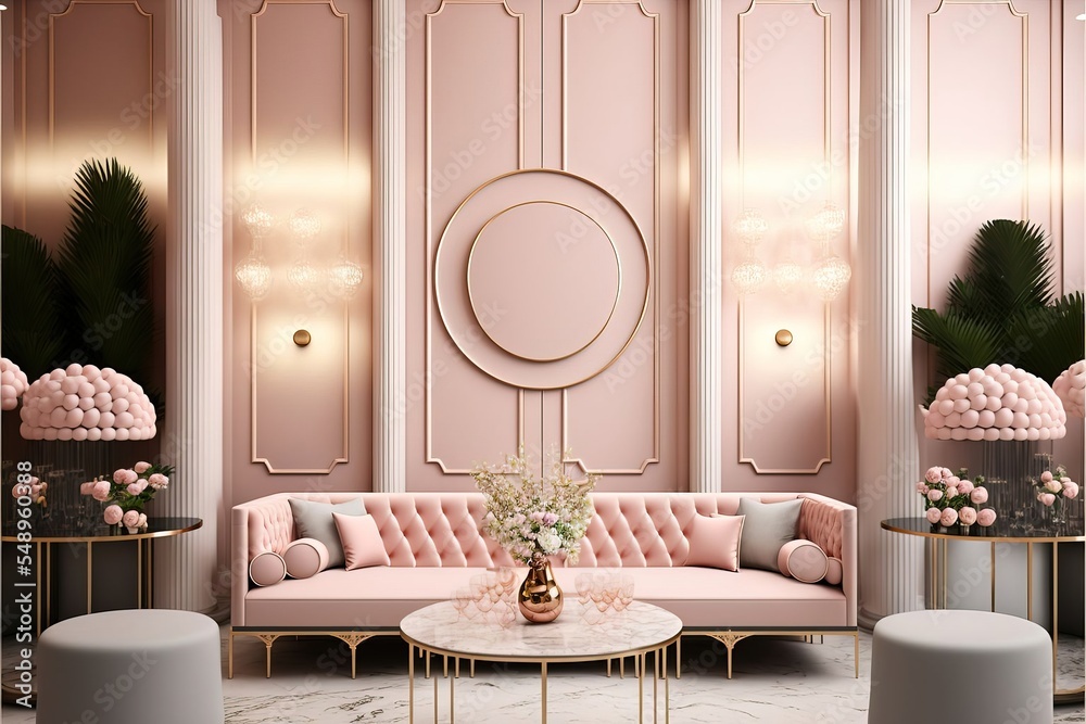 Luxurious wedding hall session with light pink color and copper ...